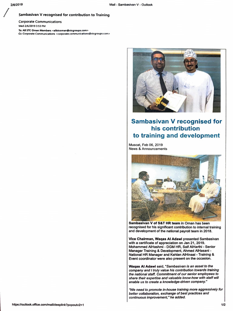 Sambasivan V Honored for Training Excellence | PDF