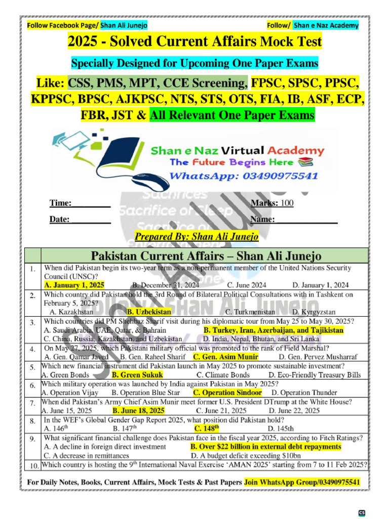 2025 Current Affairs Solved Mock Test For AEC - Other All One Paper ...