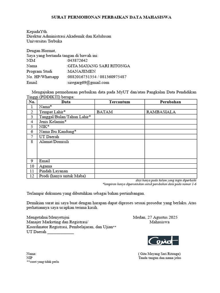 Surat Permohonan Perbaikan Data Mahasiswa Ut Salinan | PDF