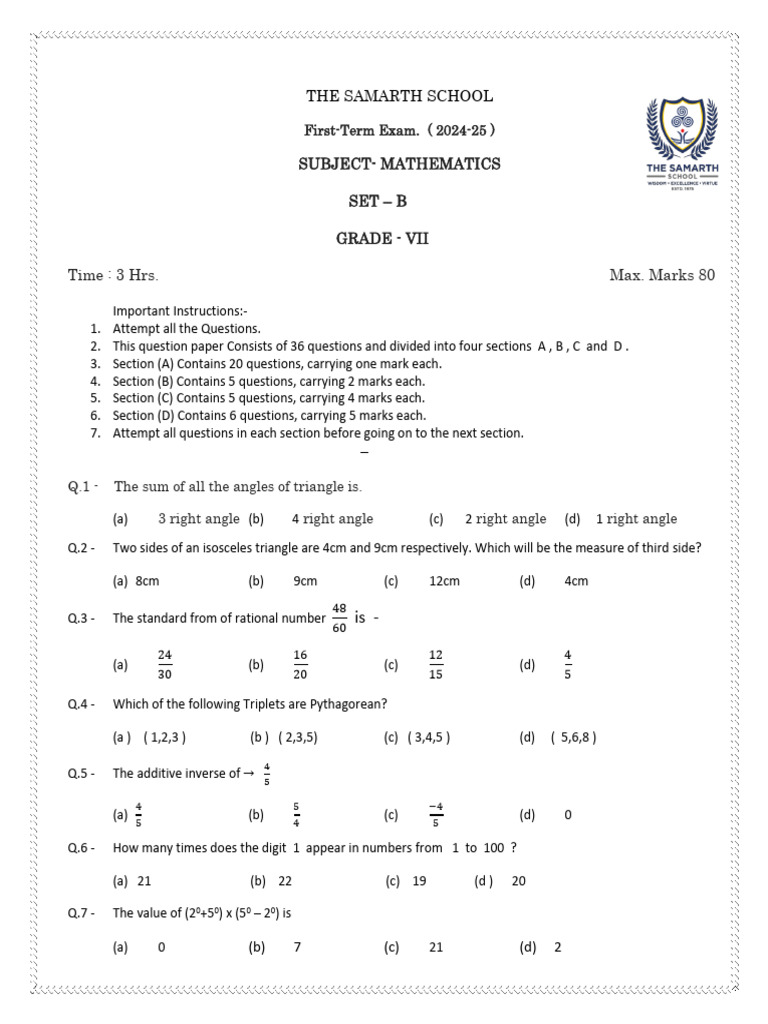 Class 7 First Term Exam2024 Set B | PDF | Area | Algebra