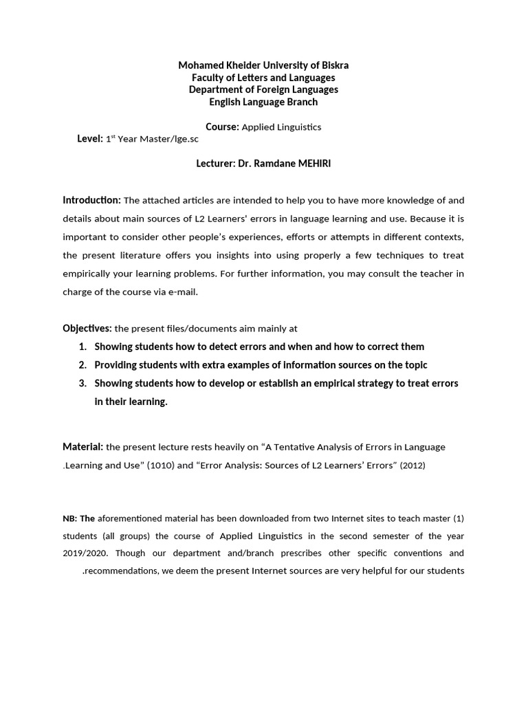 Main Sources of L2 Learners Errors +errors in Lge Learning and Use | PDF