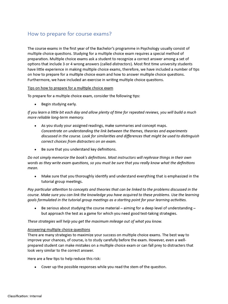 Exam Prep Tips for Psychology Students | PDF | Multiple Choice | Concept