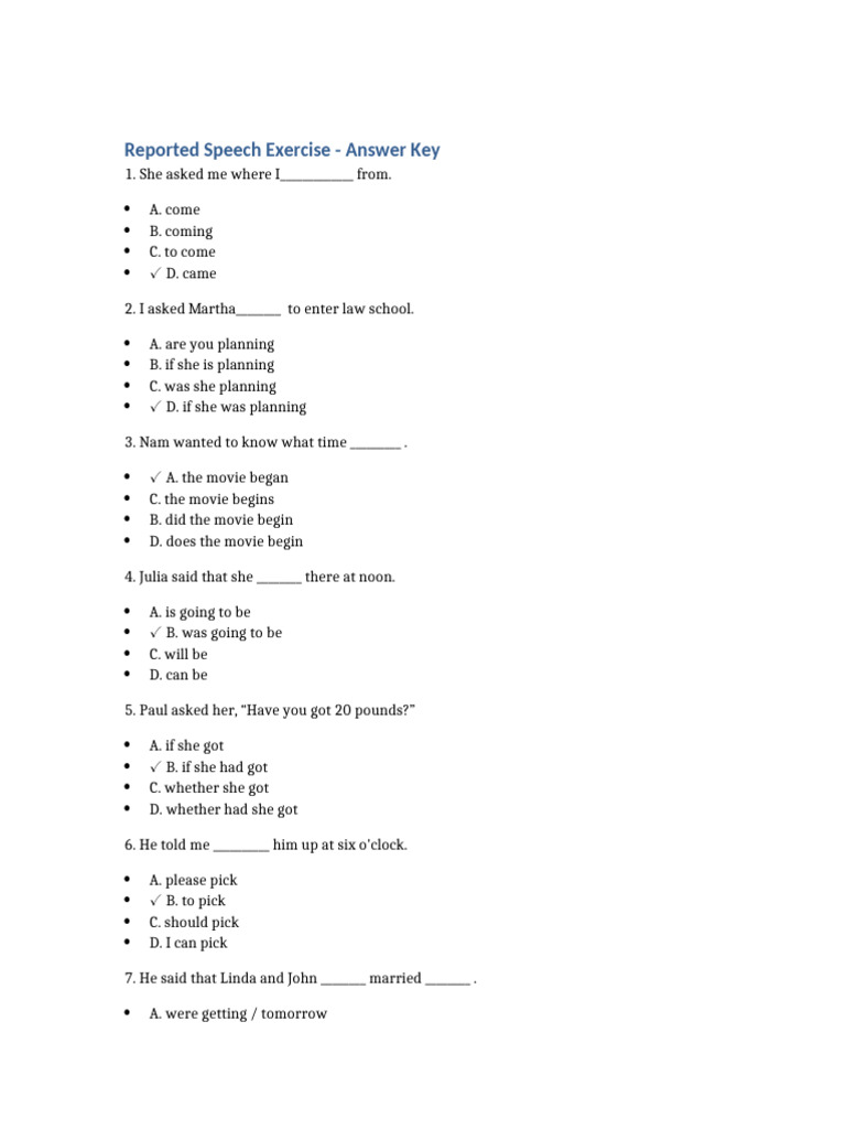 Reported Speech Answer Key | PDF