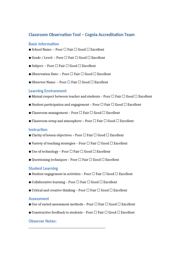 Classroom Observation Tool Cognia English | PDF