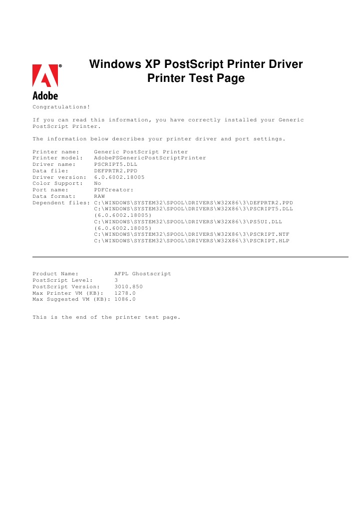 Windows XP Generic PostScript Driver | PDF | Computers