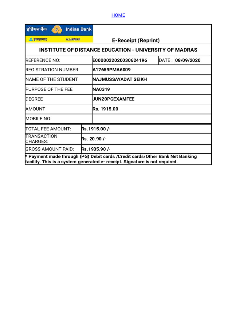 Indian Bank - Print Receipt | PDF