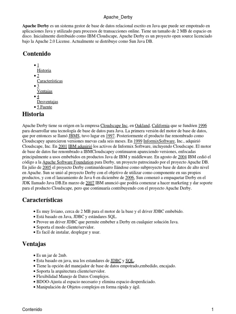 Historia y características de Apache Derby | PDF | Informática | Software