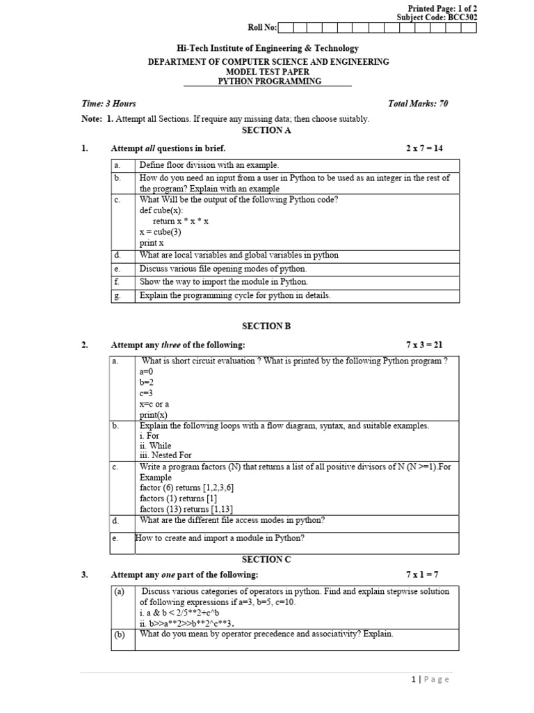 BT Sem3 BCC302 Python Programming Paper 1 | PDF | Python (Programming Language) | Computer Program