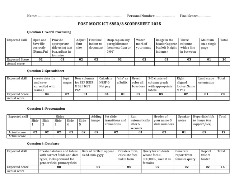 Post Mock ICT S850-3 Scoresheet 2025-1 | PDF | Databases | Software