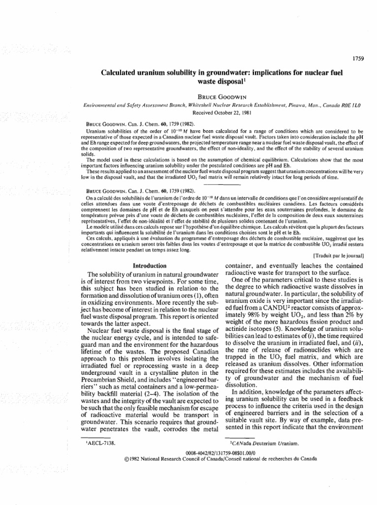 Goodwin 2011 Calculated Uranium Solubility in Groundwater Implications ...