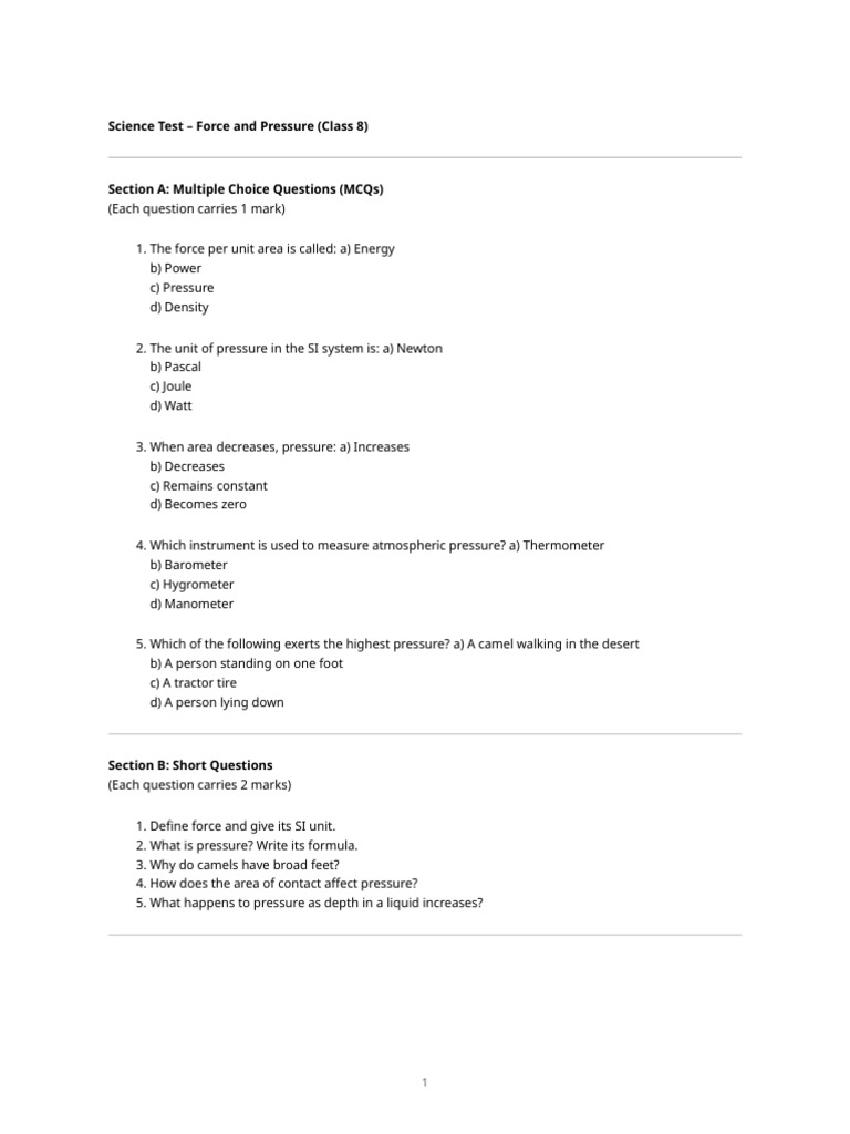 Class 8 Science: Force & Pressure Test | PDF
