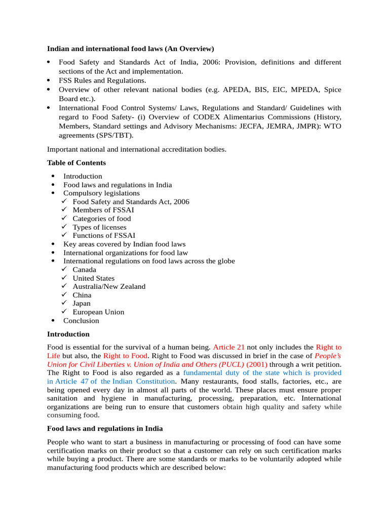 Overview of Food Laws in India | PDF | Food Safety | Food Industry