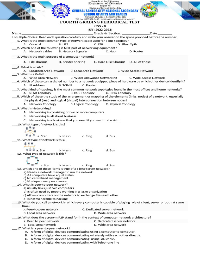 4th Grading Periodical Test | PDF | Computer Network | Network Topology