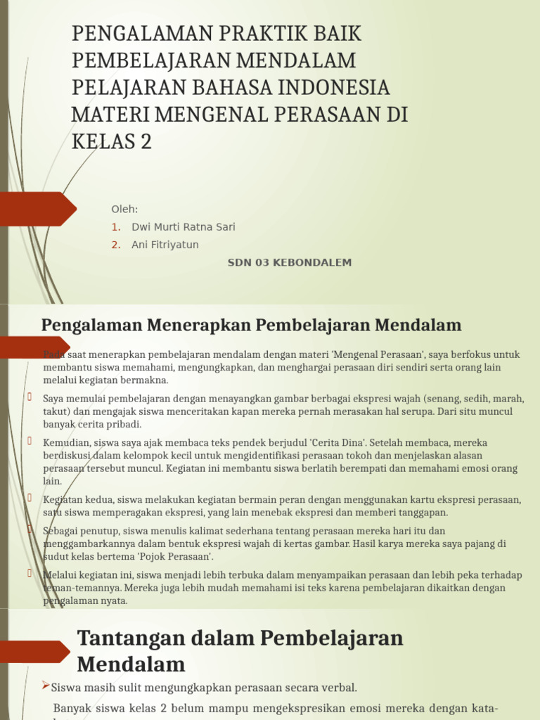 Pengalaman Praktik Baik Pembelajaran Mendalam - Dwi Murti - Ani Fitriyatun - SDN 03 Kebondalem | PDF