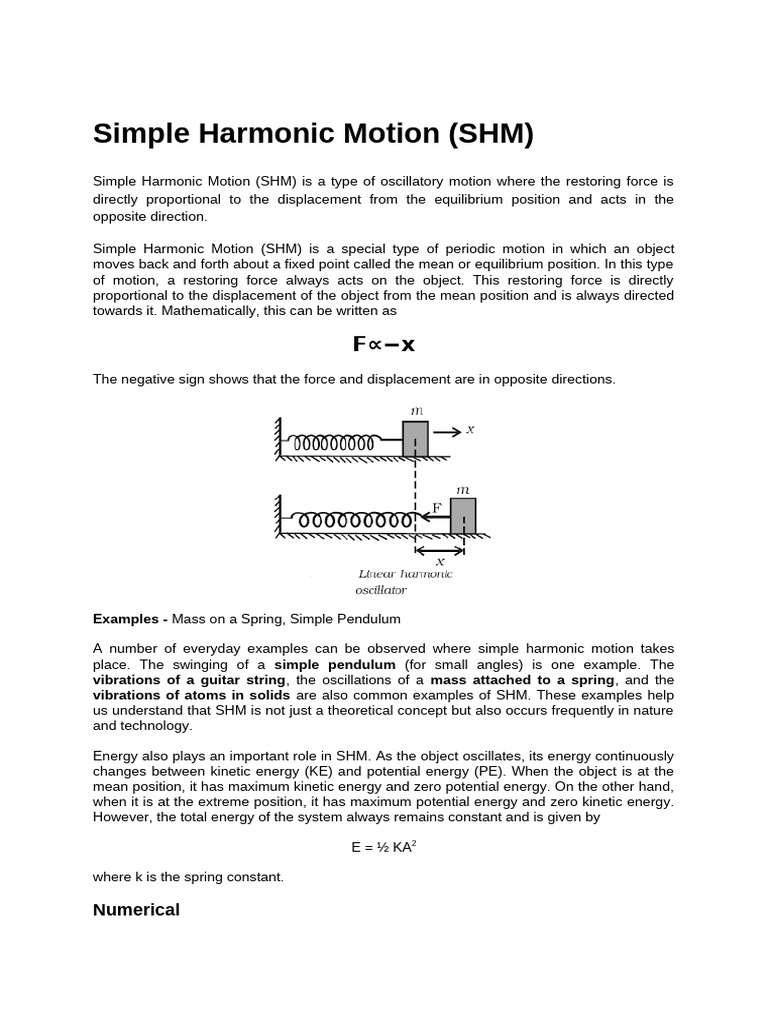 Simple Harmonic Motion (SHM) | PDF | Oscillation | Acceleration