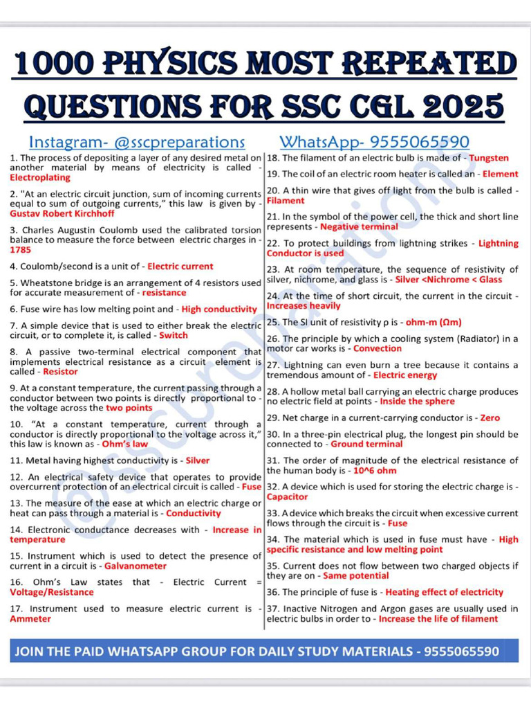 Physics 1000 Qustn SSC | PDF
