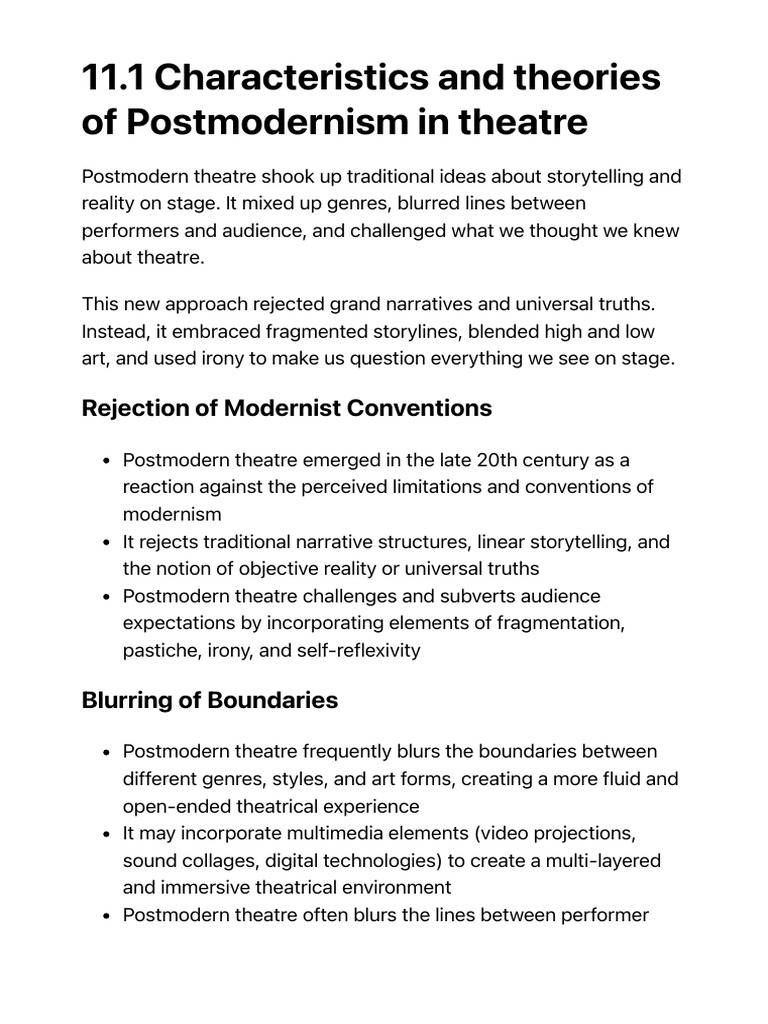 Characteristics and Theories of Postmodernism in Theatre - Modernism To ...