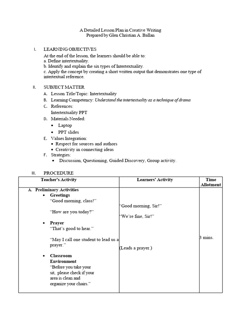 A Detailed Lesson Plan in Creative Writing | PDF | Intertextuality ...