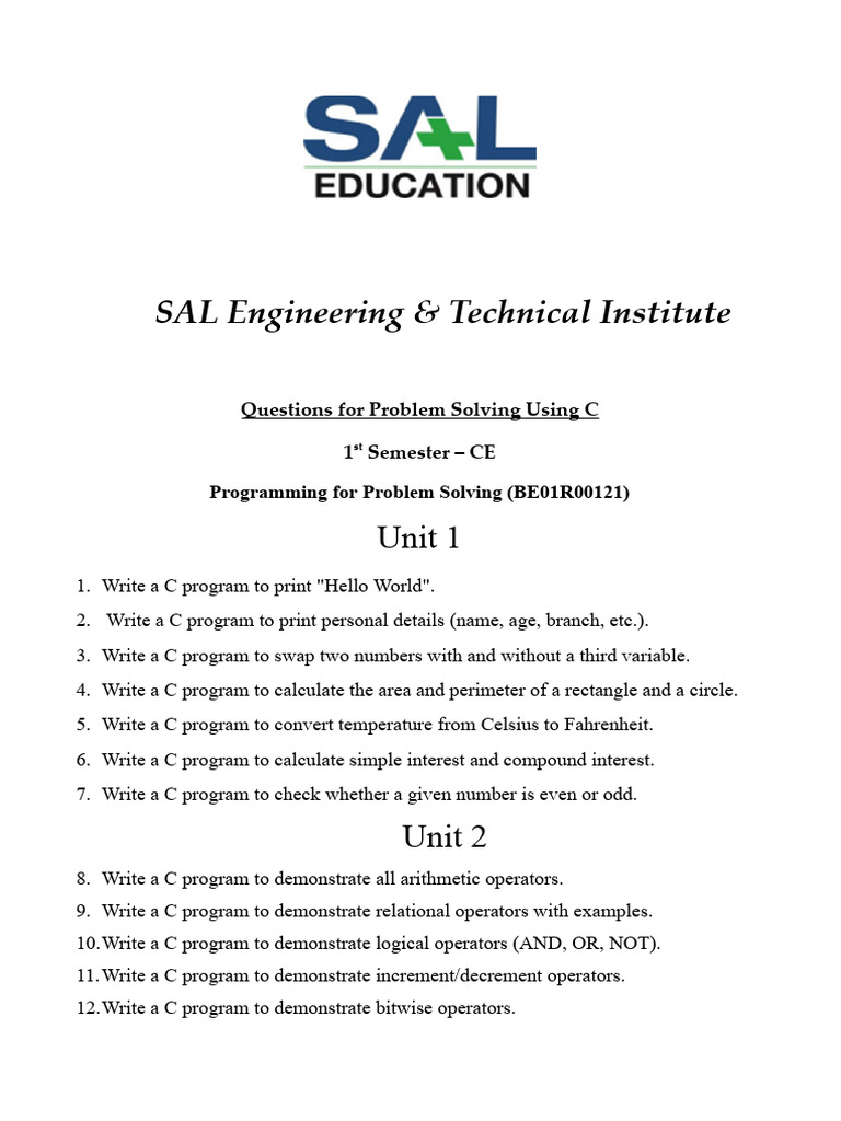 PPS- Questions for Problem Solving Using C.docx (1) | PDF | Numbers | Prime Number