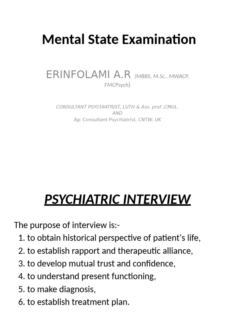 Comprehensive Mental State Examination Guide | PDF | Psychiatry | Delusion