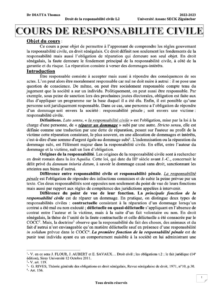 Cours de Responsabilité Civile UASZ DR DIATTA 2022-2023 - Cours de ...