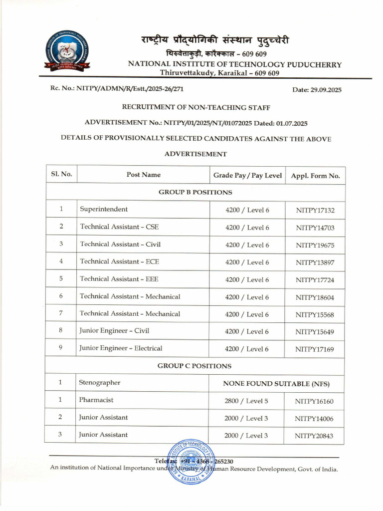 NITPY - NT Recruitment - Details of Provisionally Selected Candidates ...