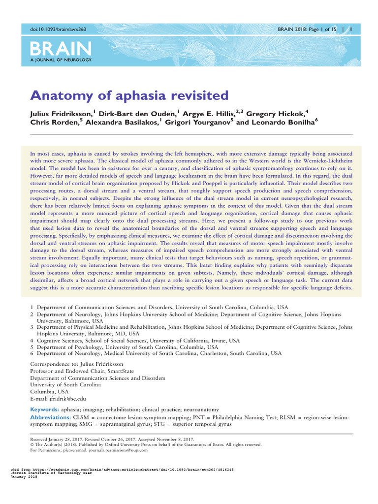 Anatomy of Aphasia Revisited - 2018 | PDF | Aphasia | Speech