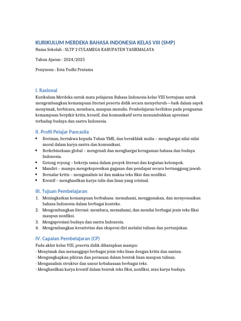Rikulum Merdeka Bahasa Indonesia Kelas 8 SLTP2 Culamega | PDF