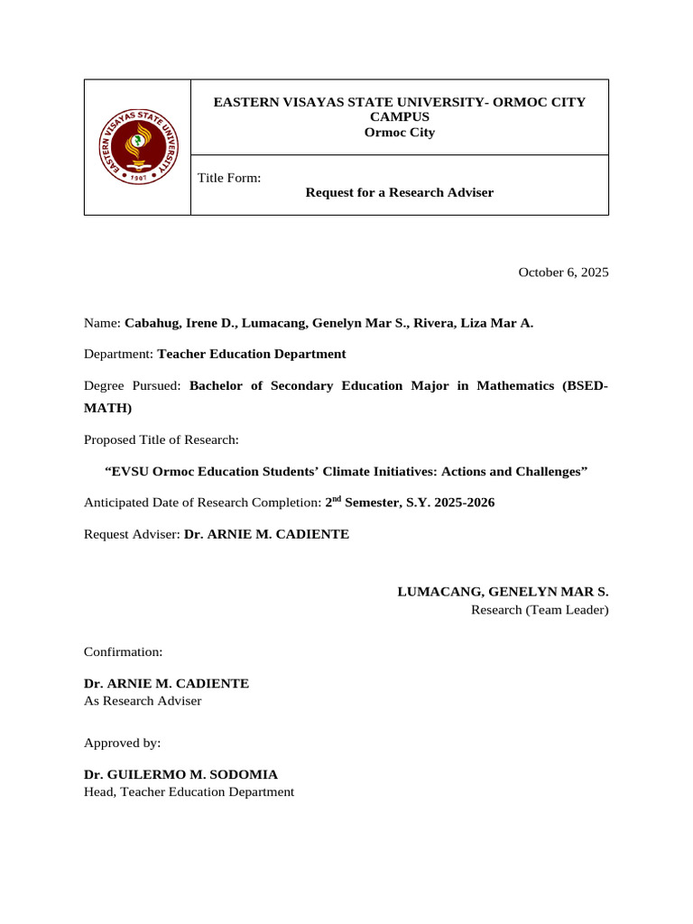 Research Adviser Request for EVSU Study | PDF