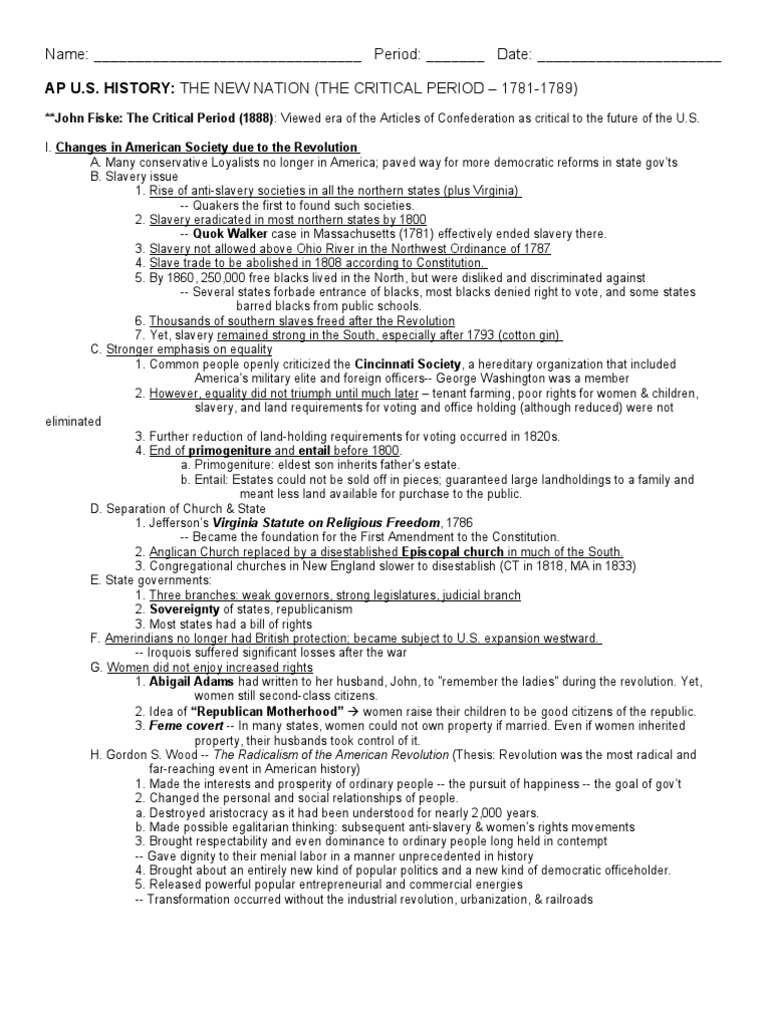 Ap U.S. History: The New Nation (The Critical Period - 1781-1789) | PDF ...