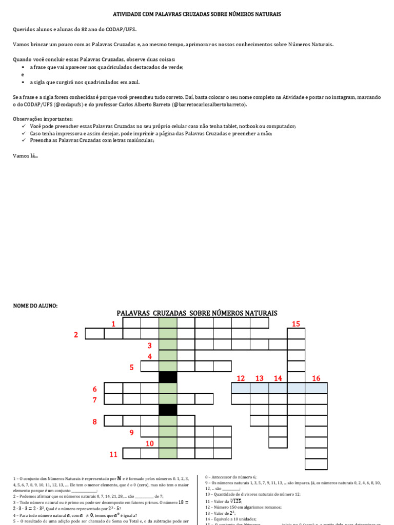 Palavras Cruzadas: Números Naturais | PDF | Números | Divisão (Matemática)