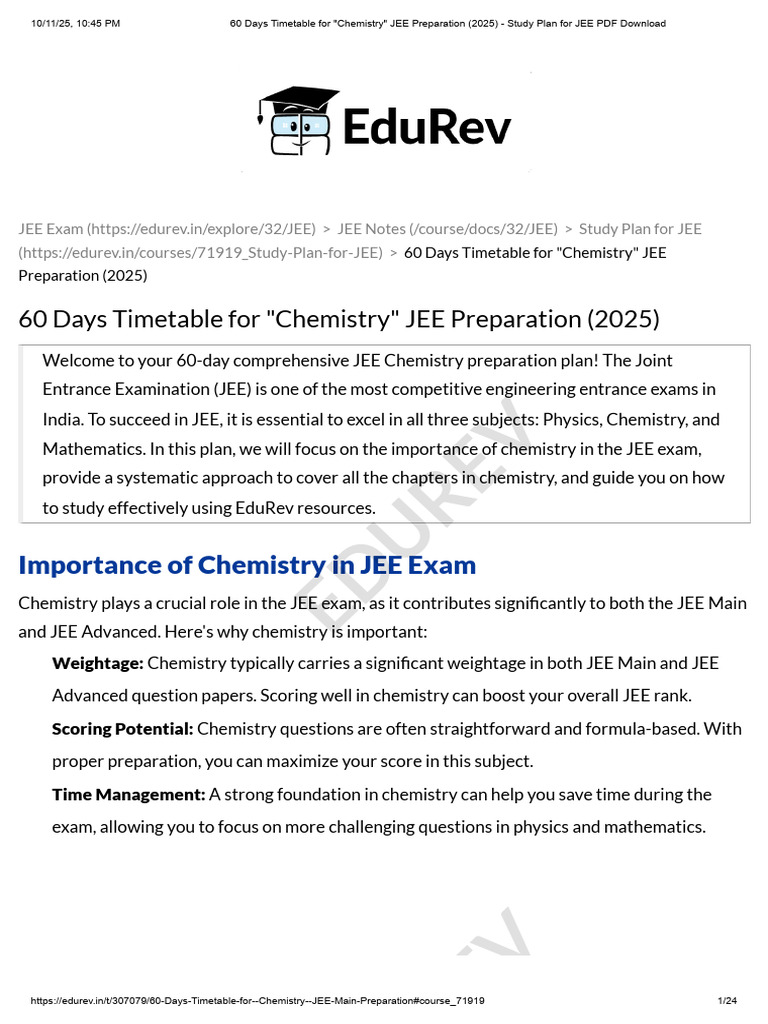 60 Days Timetable For - Chemistry - JEE Preparation (2025) - Study Plan ...