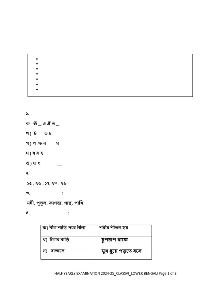 Class VI LB Half Yearly Exam 2024 | PDF