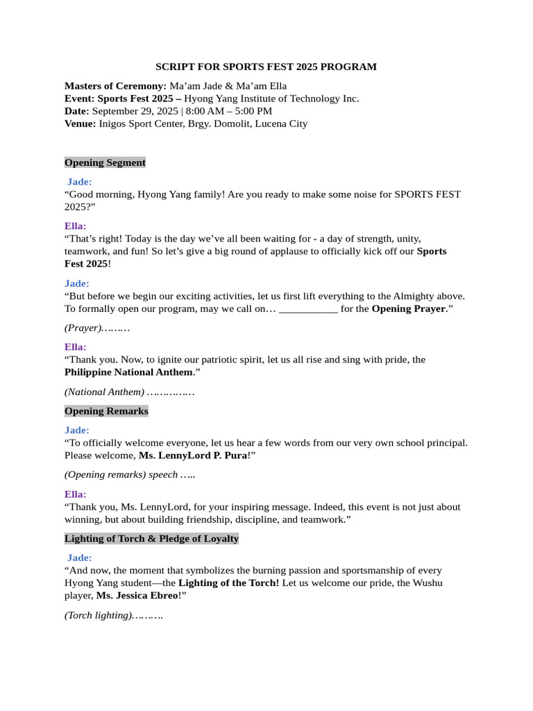 Script For Sports Fest 2025 Program | PDF | Cognition