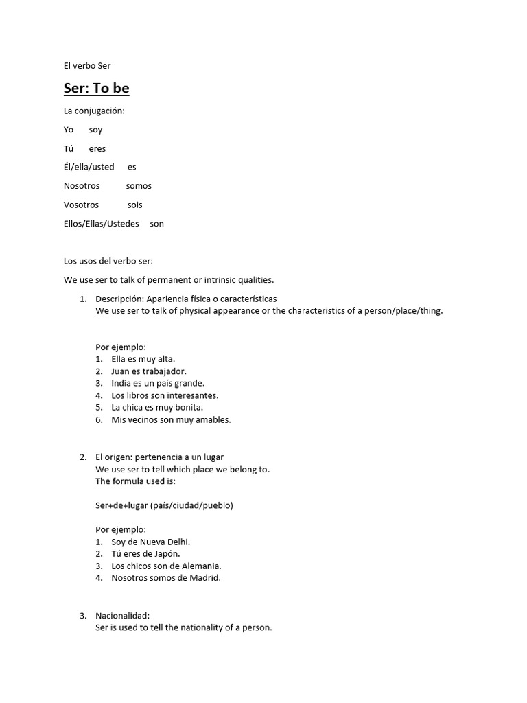 El Verbo Ser Class 9 | PDF