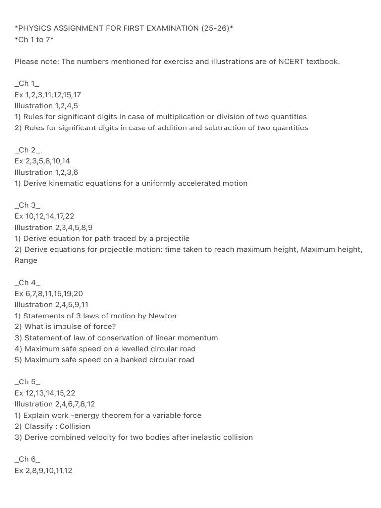 Physics Assignment: Chapters 1-7 Exercises | PDF