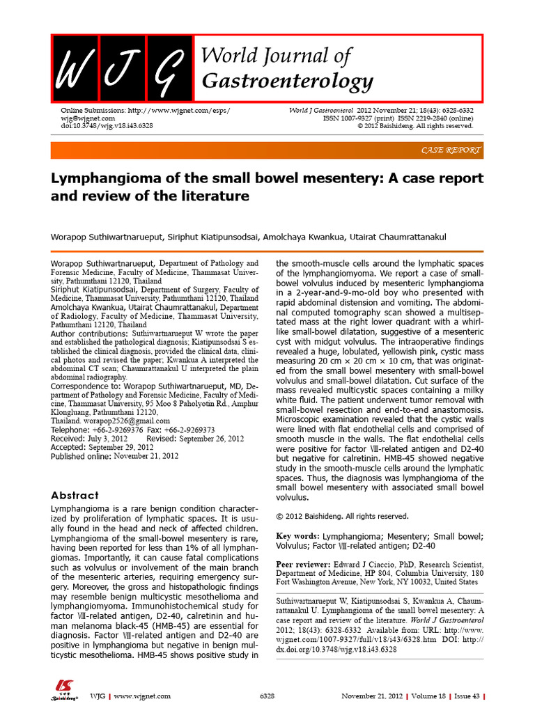 Lymphangioma of The Small Bowel Mesentery | PDF | Lymphatic System ...