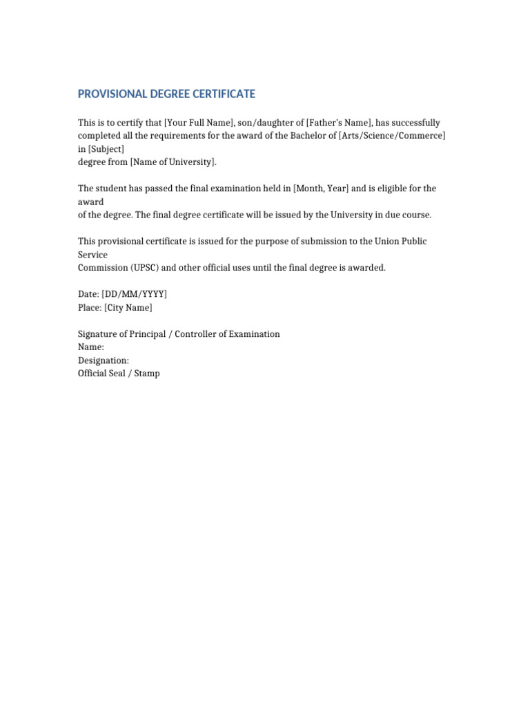 Provisional Degree Certificate Format | PDF