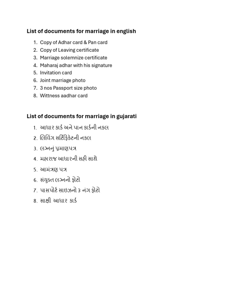 List of Documents For Marriage Certificate | PDF