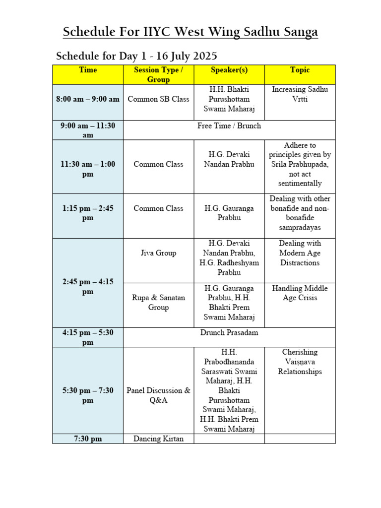 IIYC Sadhu Sanga Schedule-1 | PDF | Vaishnavism | Vaishnava Texts