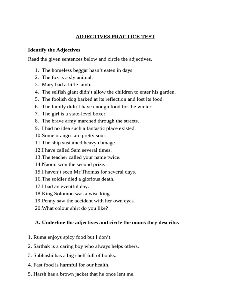 Class 7 Adjectives Practice Test | PDF