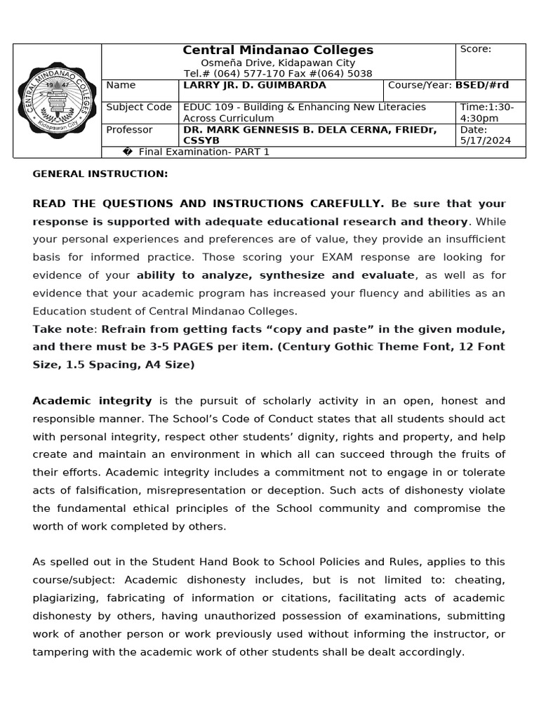 Educ 1090 Final Examination - PART 1 | PDF | Sustainability | Energy ...