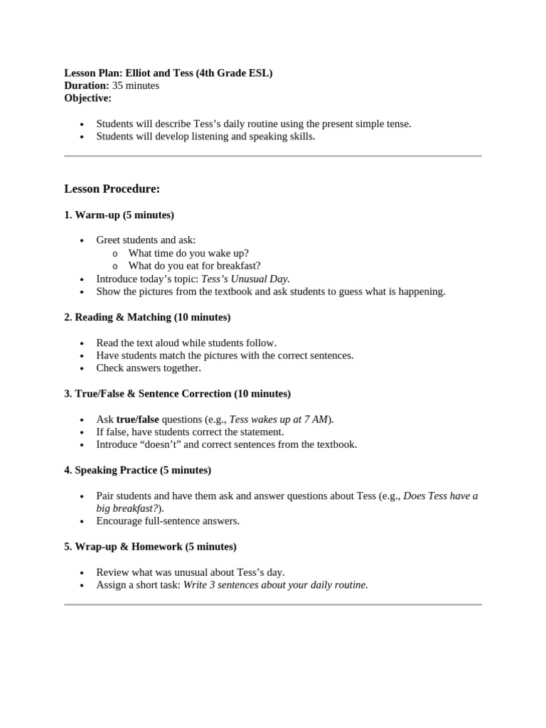 4th Grade ESL Lesson: Tess's Routine | PDF