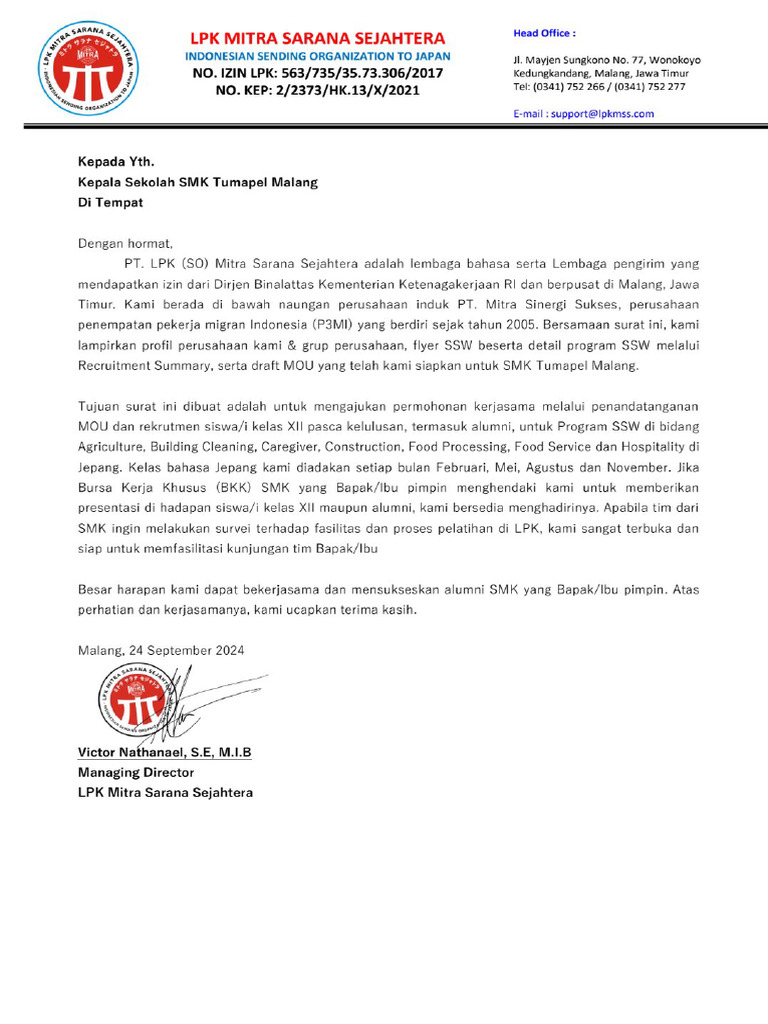Surat Proposal Kerjasama Untuk SMK Oleh LPK Mitra Sarana Sejahtera ...