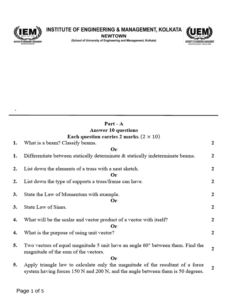 Engineering Mechanics Exam Paper 2024 | PDF | Force | Euclidean Geometry