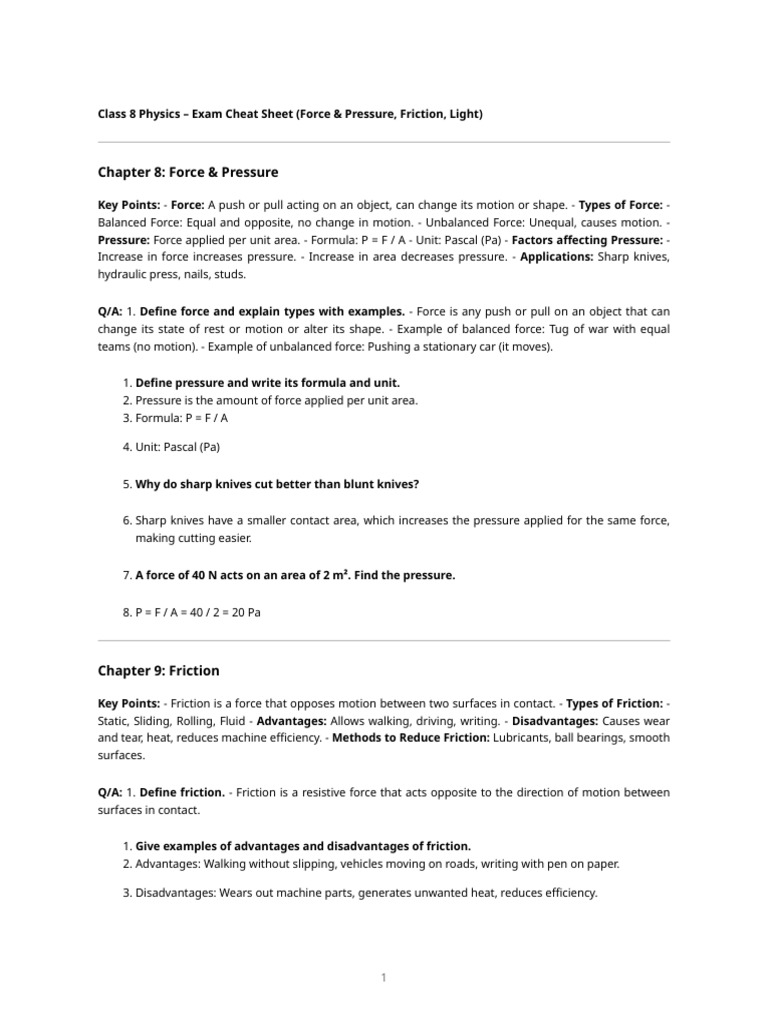 Class8 Physics Cheatsheet | PDF | Force | Friction