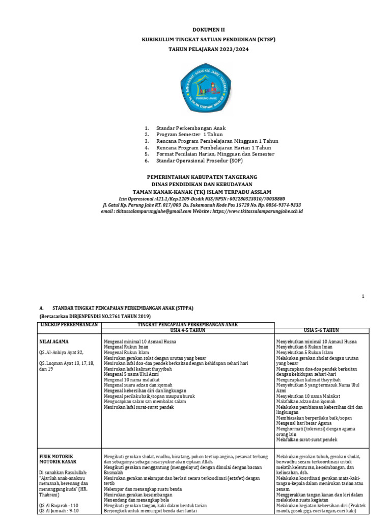 Dokumen II KTSP TK Islam Terpadu Assalam | PDF