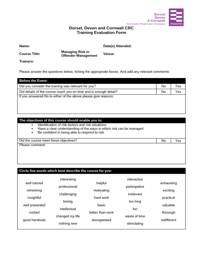Training Evaluation Form | PDF | Behavior Modification | Cognitive Science