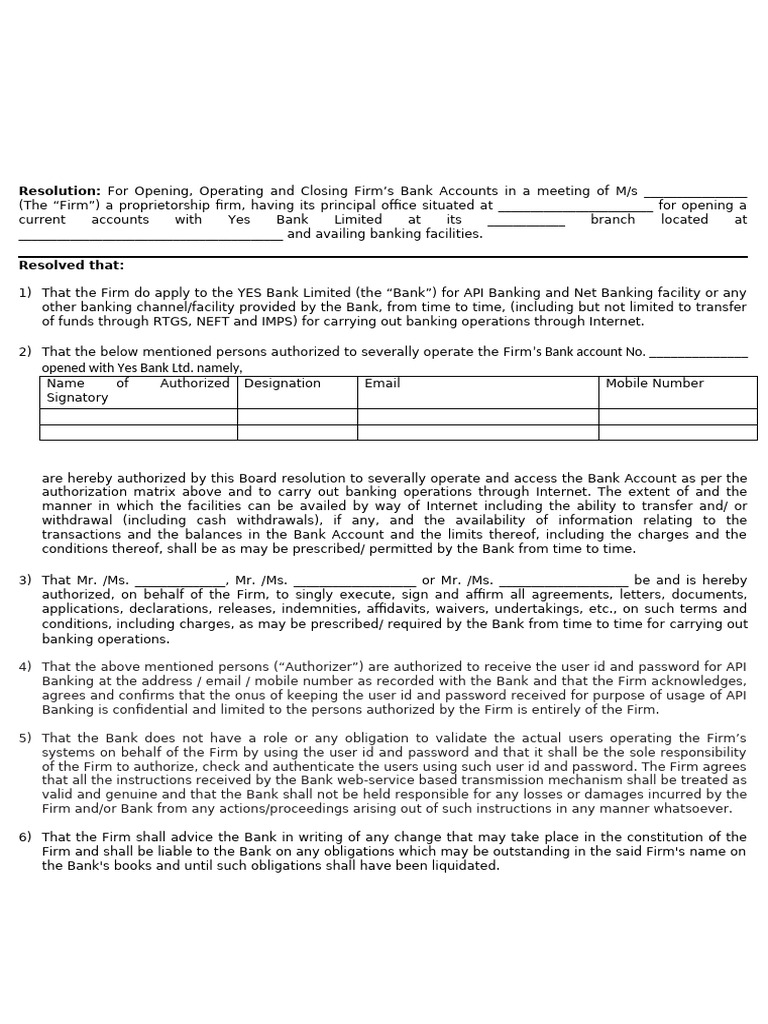 Bank Account Resolution for Proprietorship | PDF | Banks