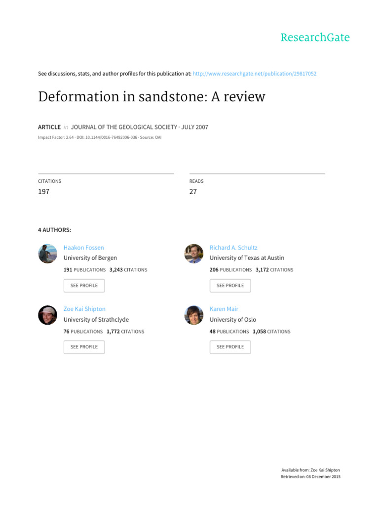 Deformation Bands in Sandstone A Review, 2007 | PDF | Sandstone | Porosity